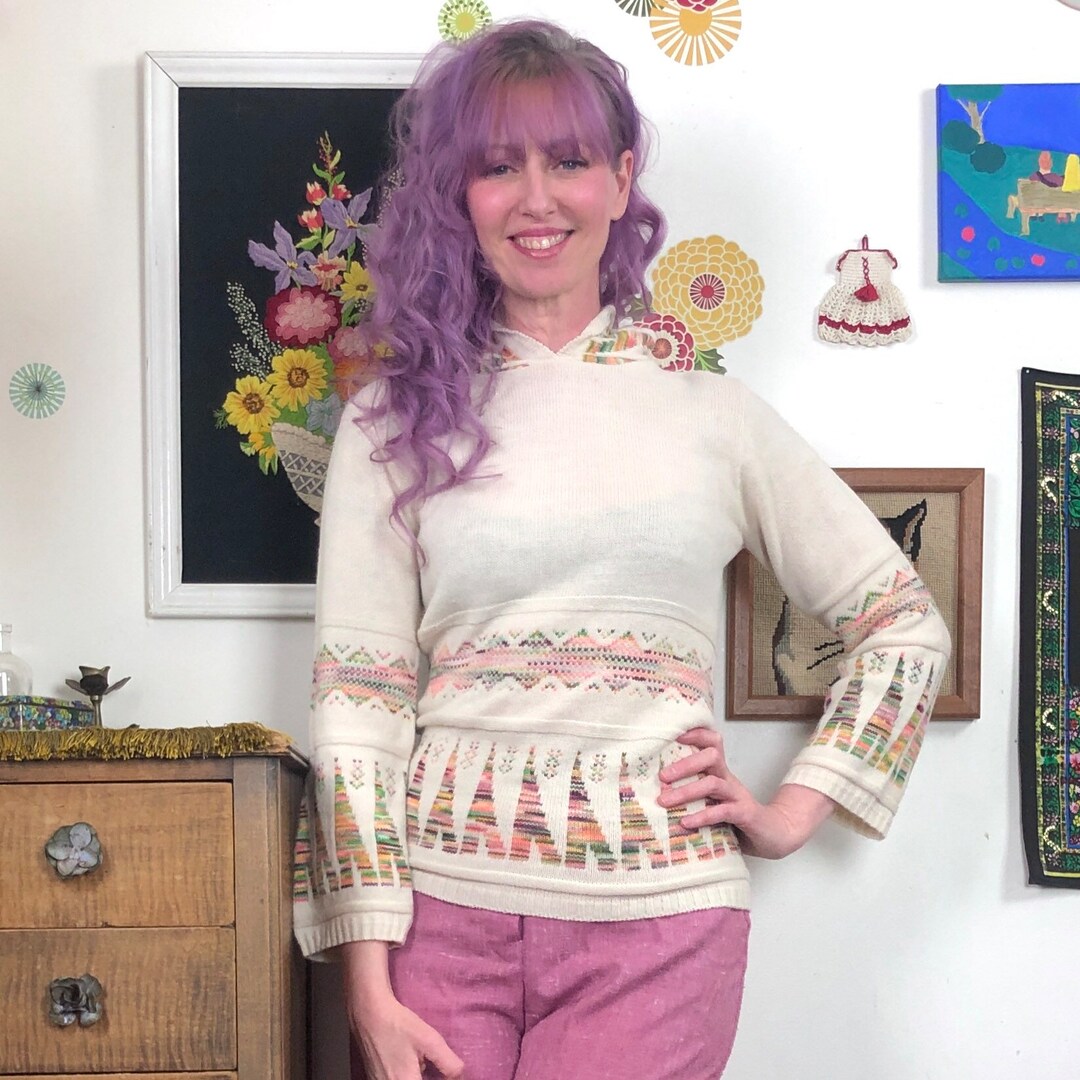 Vintage Pixie Sweater, 1970s Acrylic Hooded Sweater With Pastel Knit Design, Size S - Etsy