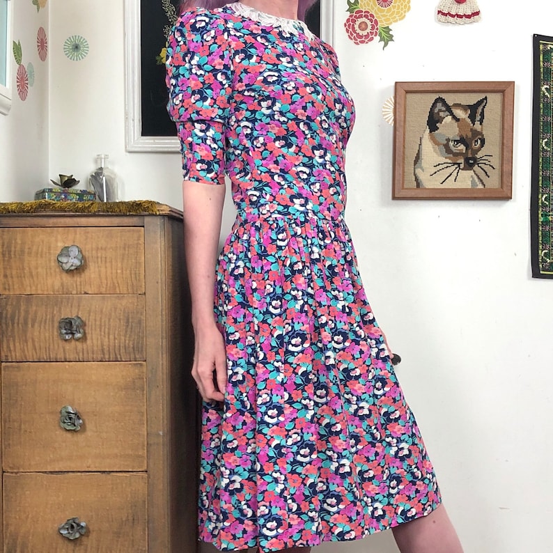 Vintage Floral Dropped Waist Dress 1980s Cottagecore Style - Etsy