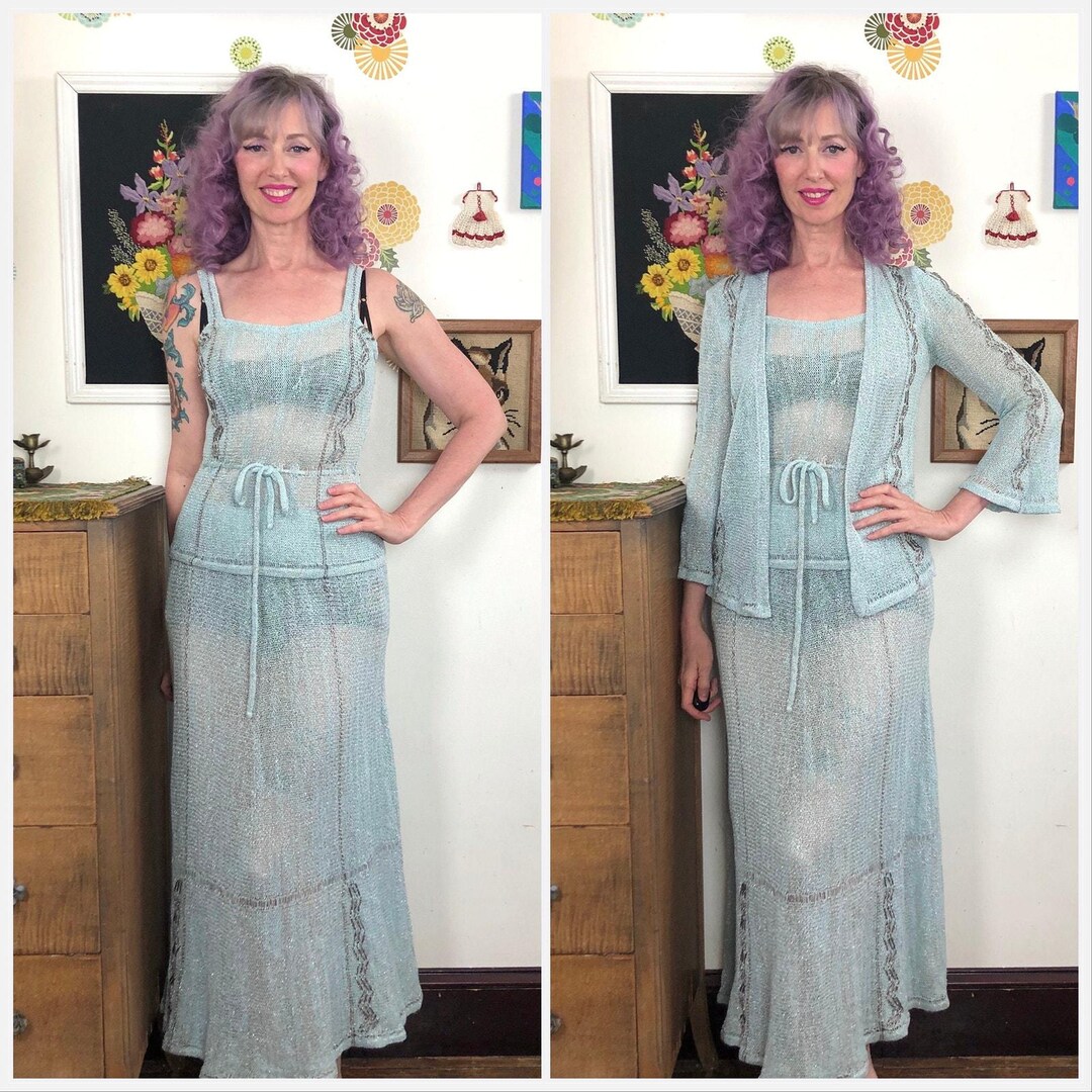 Vintage Crochet Skirt Set, 1970s Mary Farrin Three Piece Blue & Silver ...