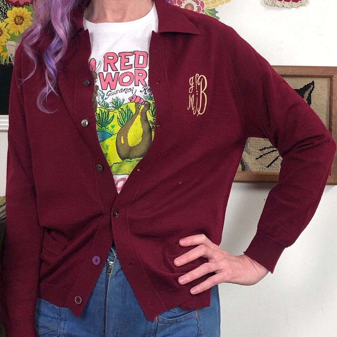 Vintage Mens Grunge Cardigan, 1960s Distressed Burgundy Sweater ...