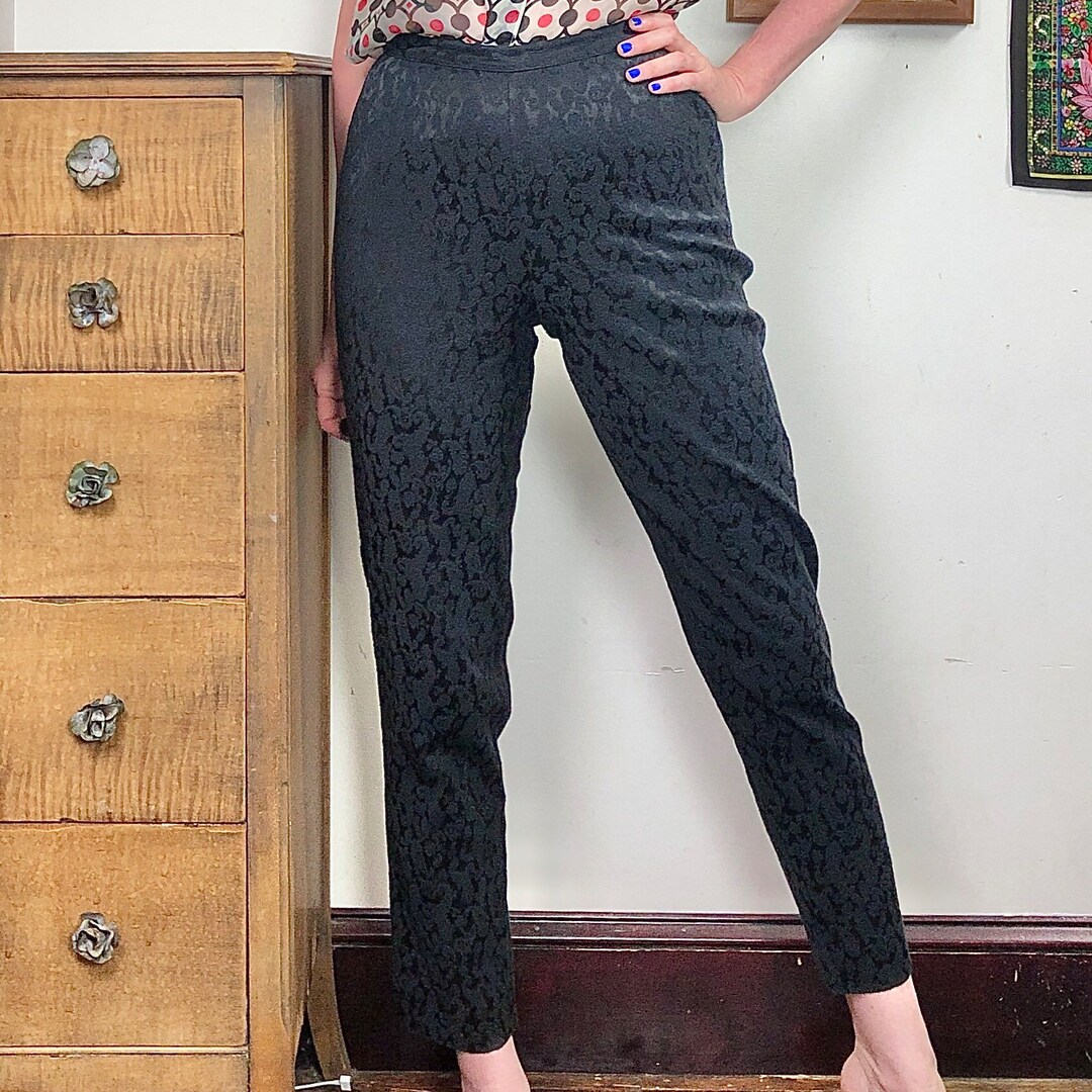 Vintage Black Brocade Pants, 1990s Paisley Jacquard Stretch Pants by ...