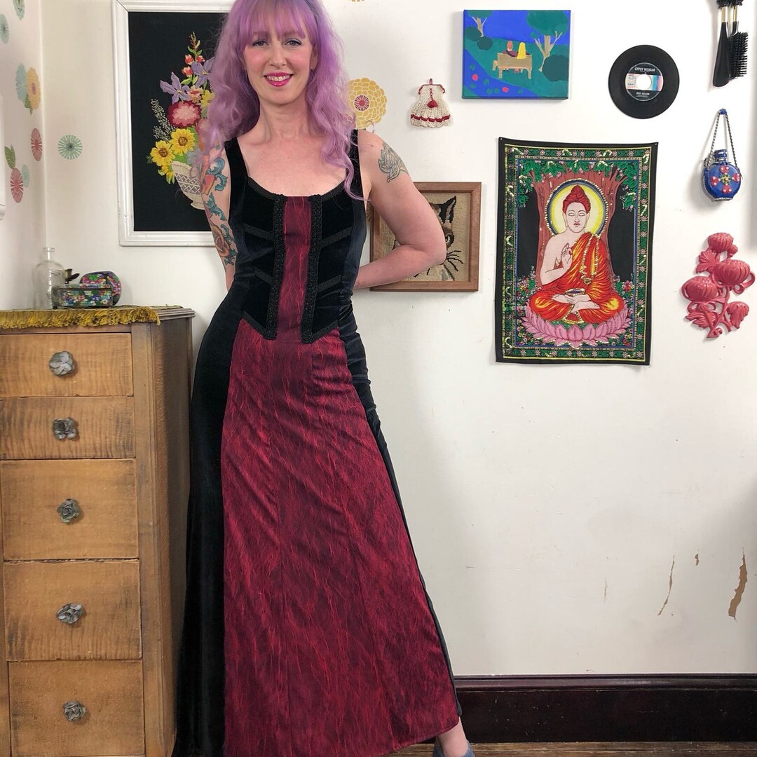 Vintage Red and Black Gothic Maxi Dress, 90s Cykxtees Stretch Velvet ...