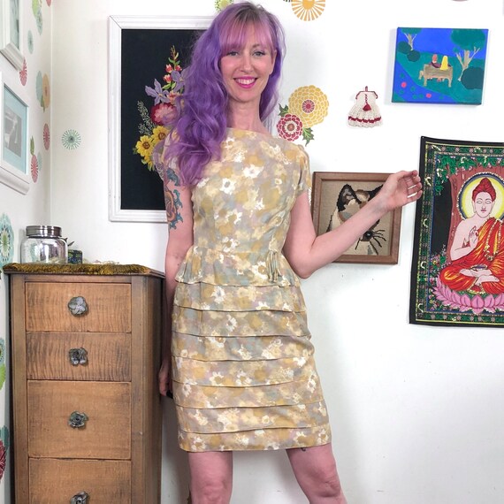Vintage Gold Floral Wiggle Dress 1950s Mustard Day D… Gem
