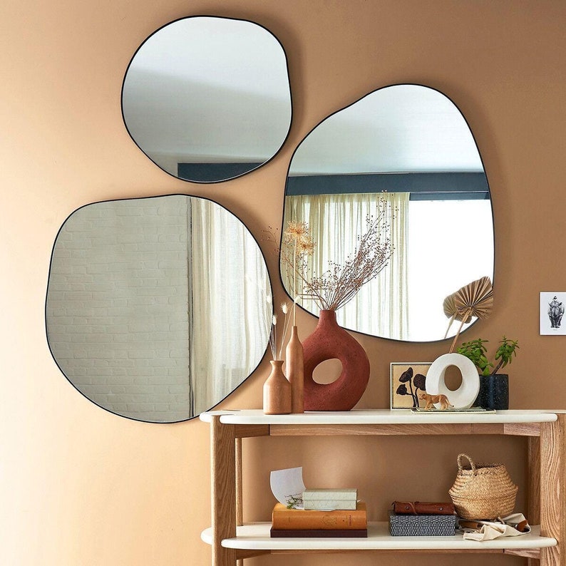 Set of 3 Black Asymmetrical Mirror Console Bathroom Wall Mirror Shaped ...