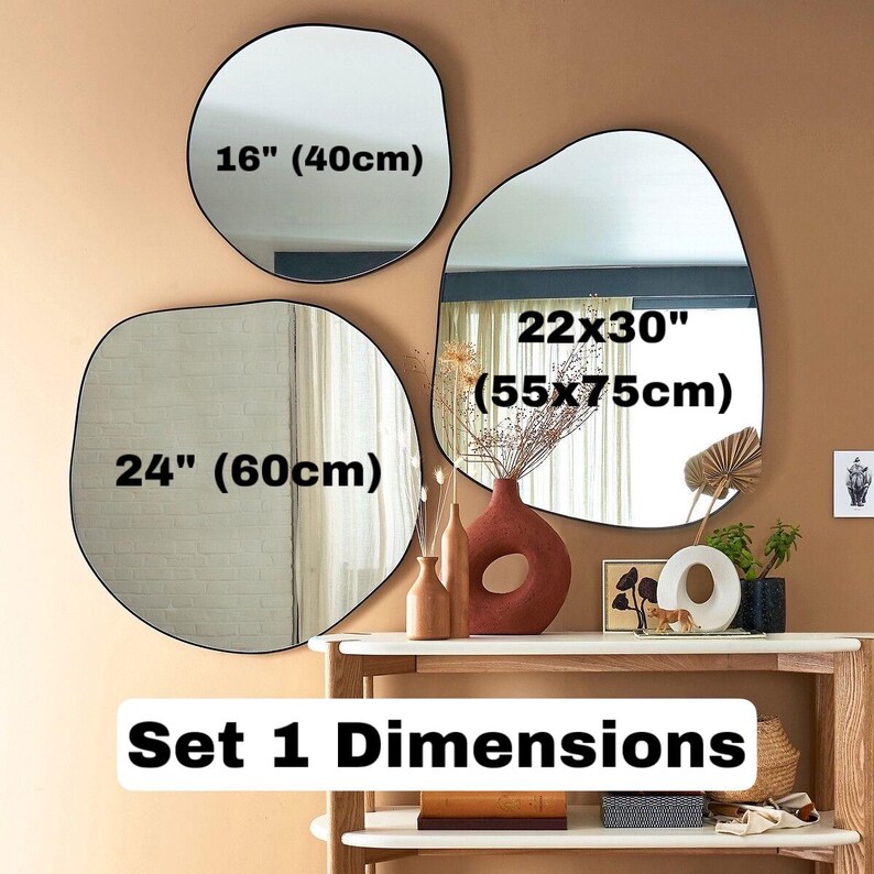 Set of 3 Black Asymmetrical Mirror Console Bathroom Wall Mirror Shaped ...