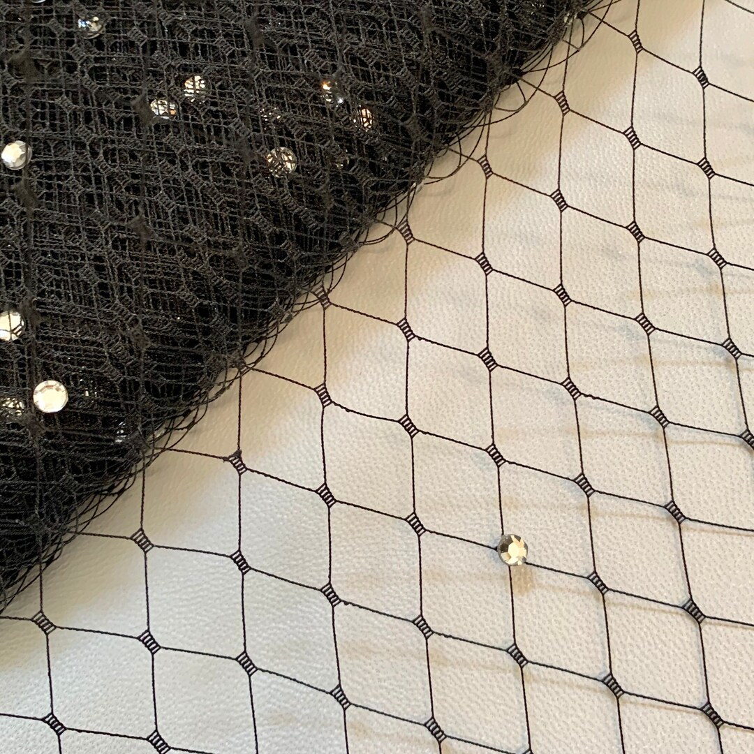 Crystal Embellished Black Merry Widow Hat Netting • Wide Hole Netting ...