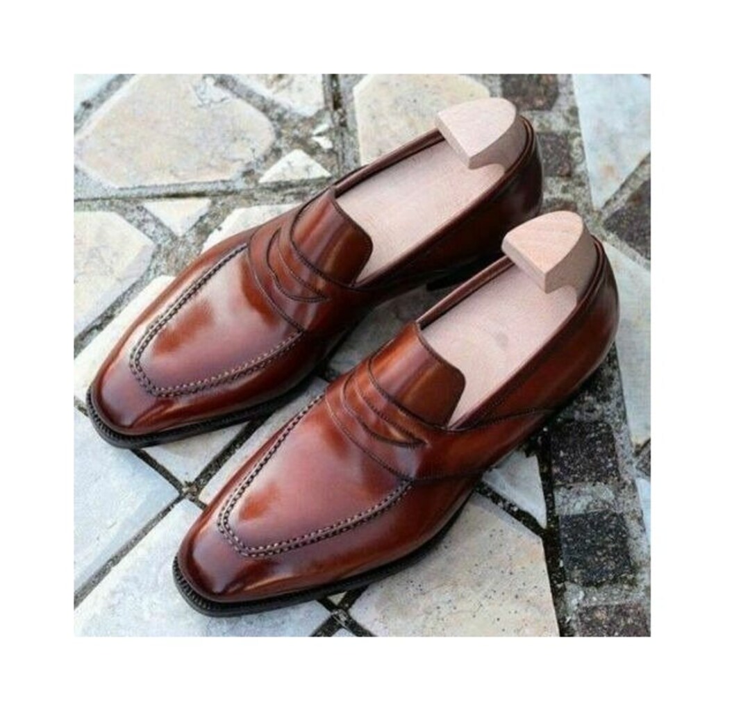 Unique Handmade Men's Dress Loafers Shoes Brown Leather High Quality ...