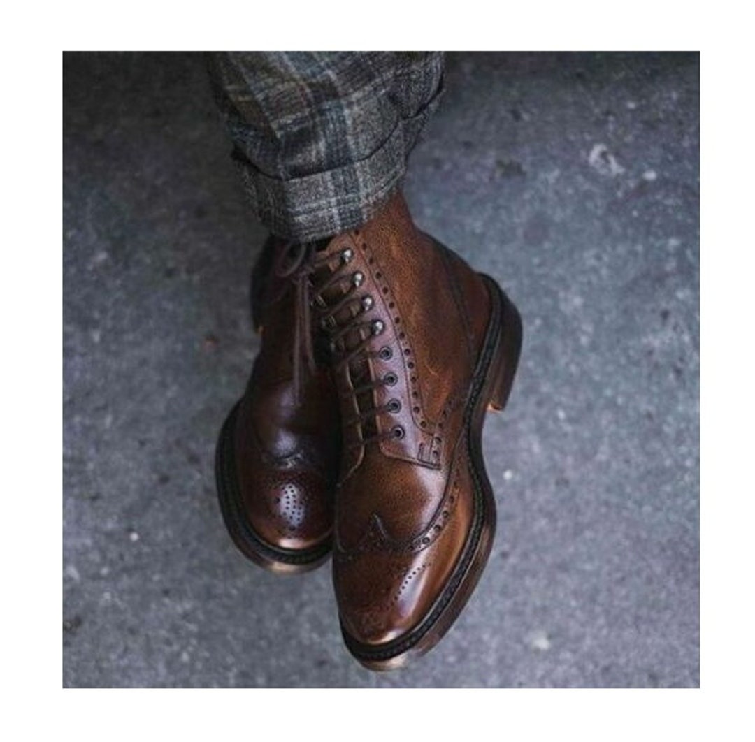 Handmade Men's Brown Wingtip Brogue Leather Dress Boots, Men Brown ...