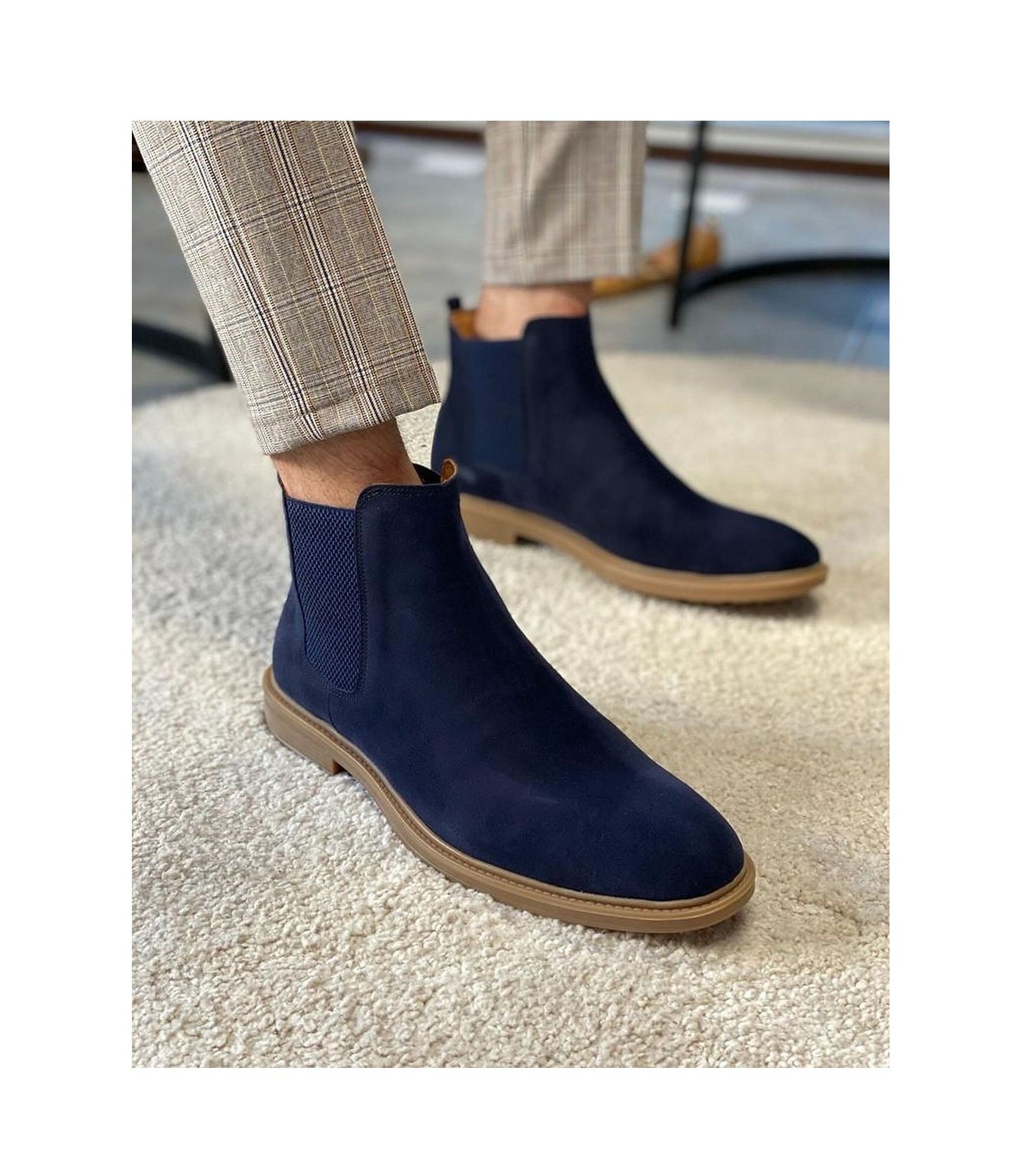 Handmade Men Leather Dark Blue Suede Chelsea Boots, Men Ankle Dress ...
