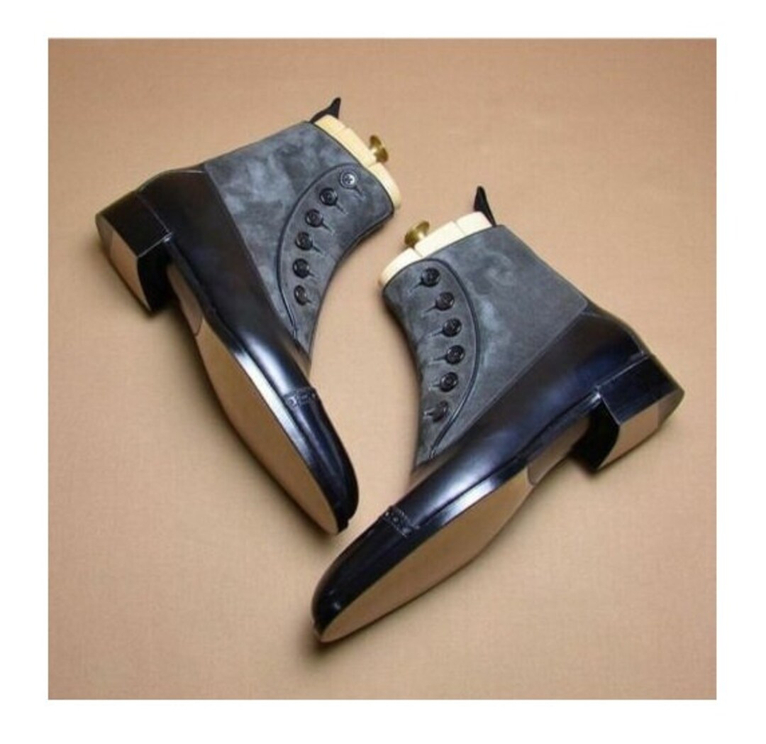 Men's Handmade Leather Suede Cap Toe Boots, Men's Black & Gray Button ...