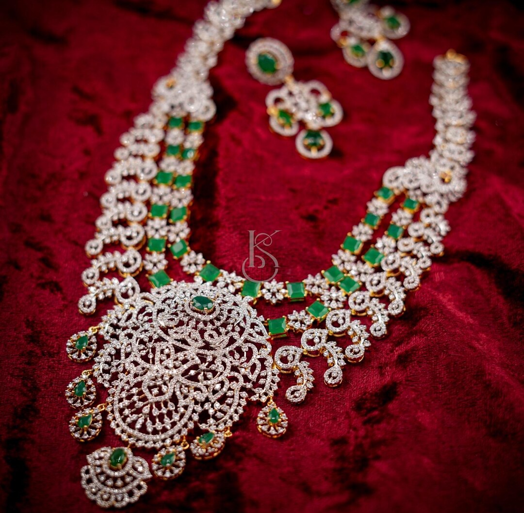 CZ Long Haram Neckalce With Earrings Mehendhi Finish Diamond Replica ...