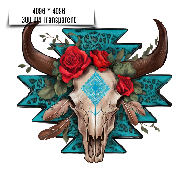 7 Roses With Aztec Bull Skull Png Sublimation Western Bull Skull Png ...