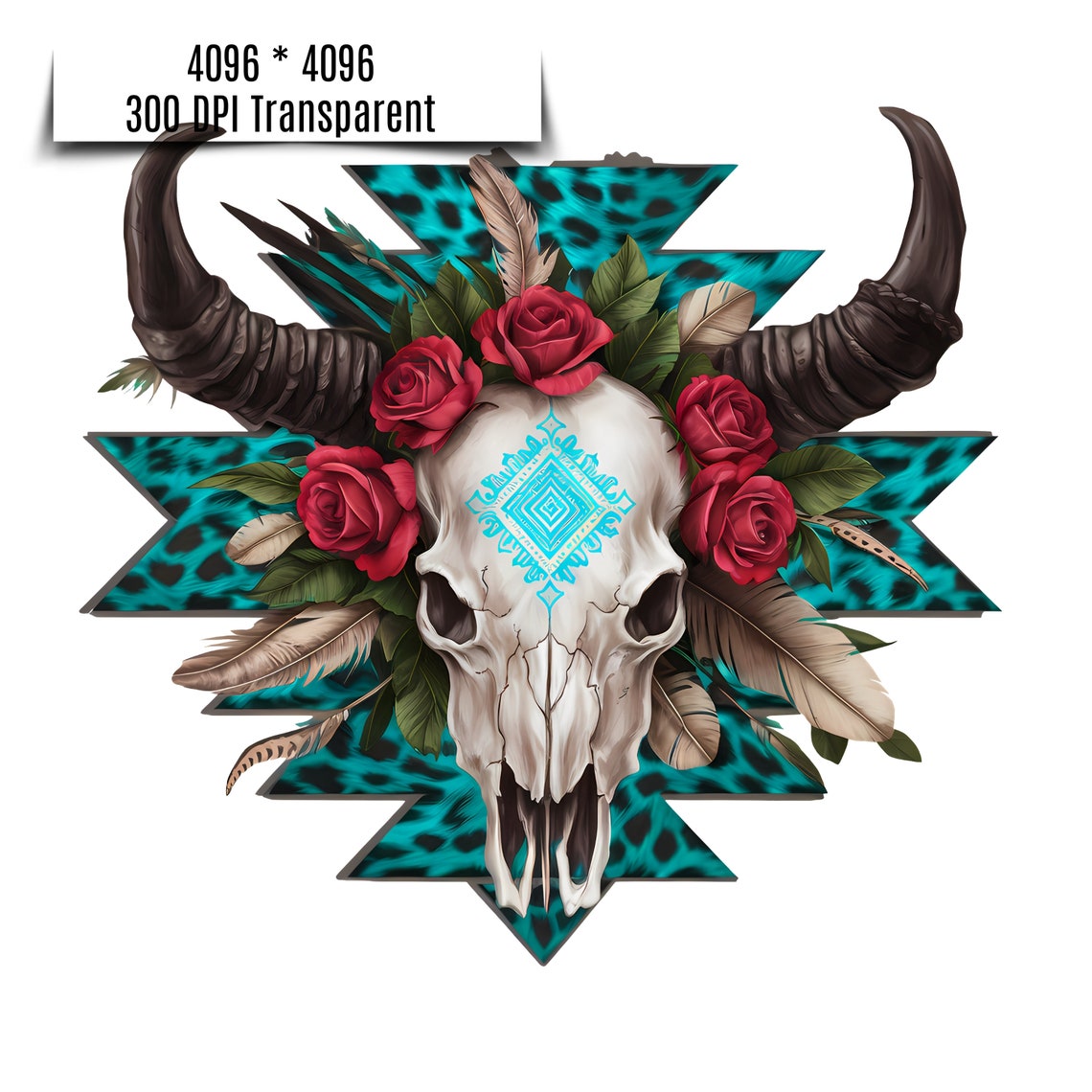 7 Roses With Aztec Bull Skull Png Sublimation Western Bull Skull Png ...