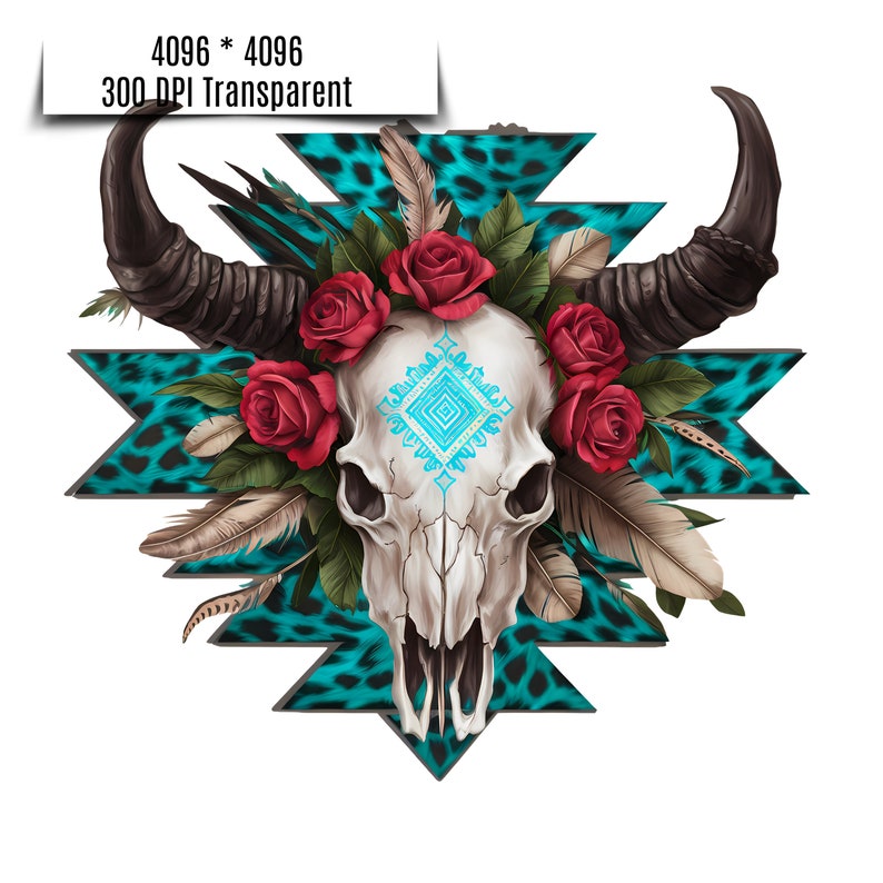 7 Roses With Aztec Bull Skull Png Sublimation Western Bull Skull Png ...