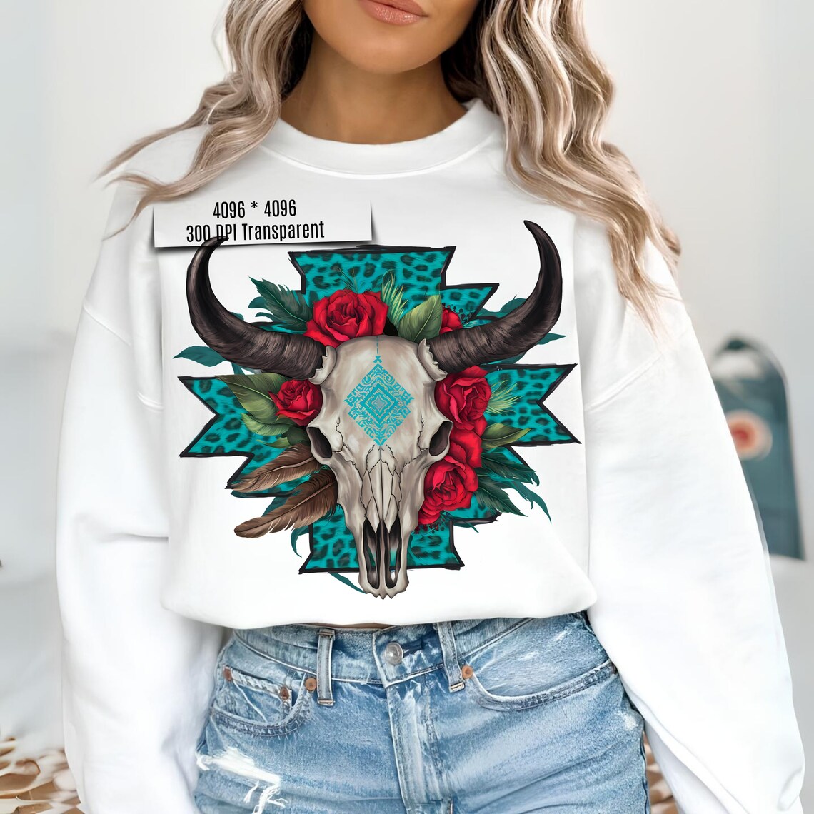 7 Roses With Aztec Bull Skull Png Sublimation Western Bull Skull Png ...