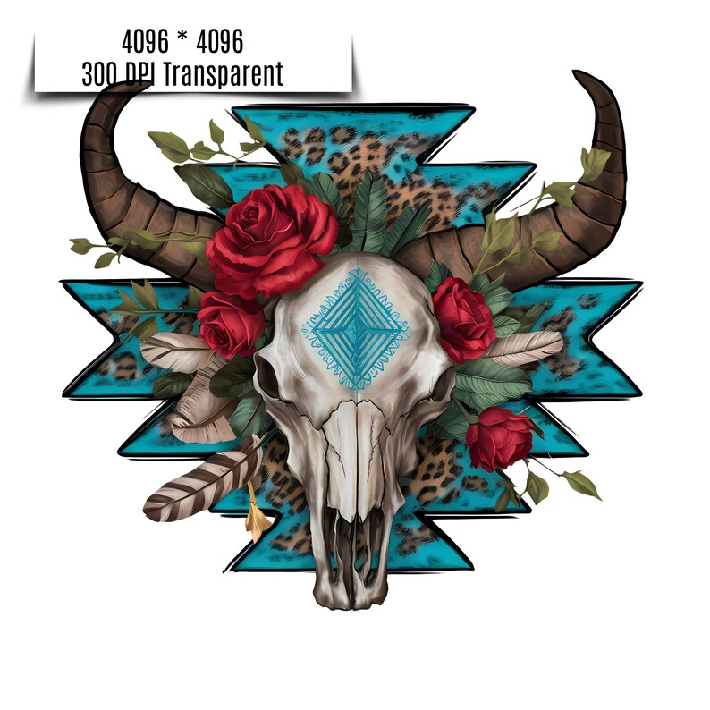 7 Roses With Aztec Bull Skull Png Sublimation Western Bull Skull Png ...