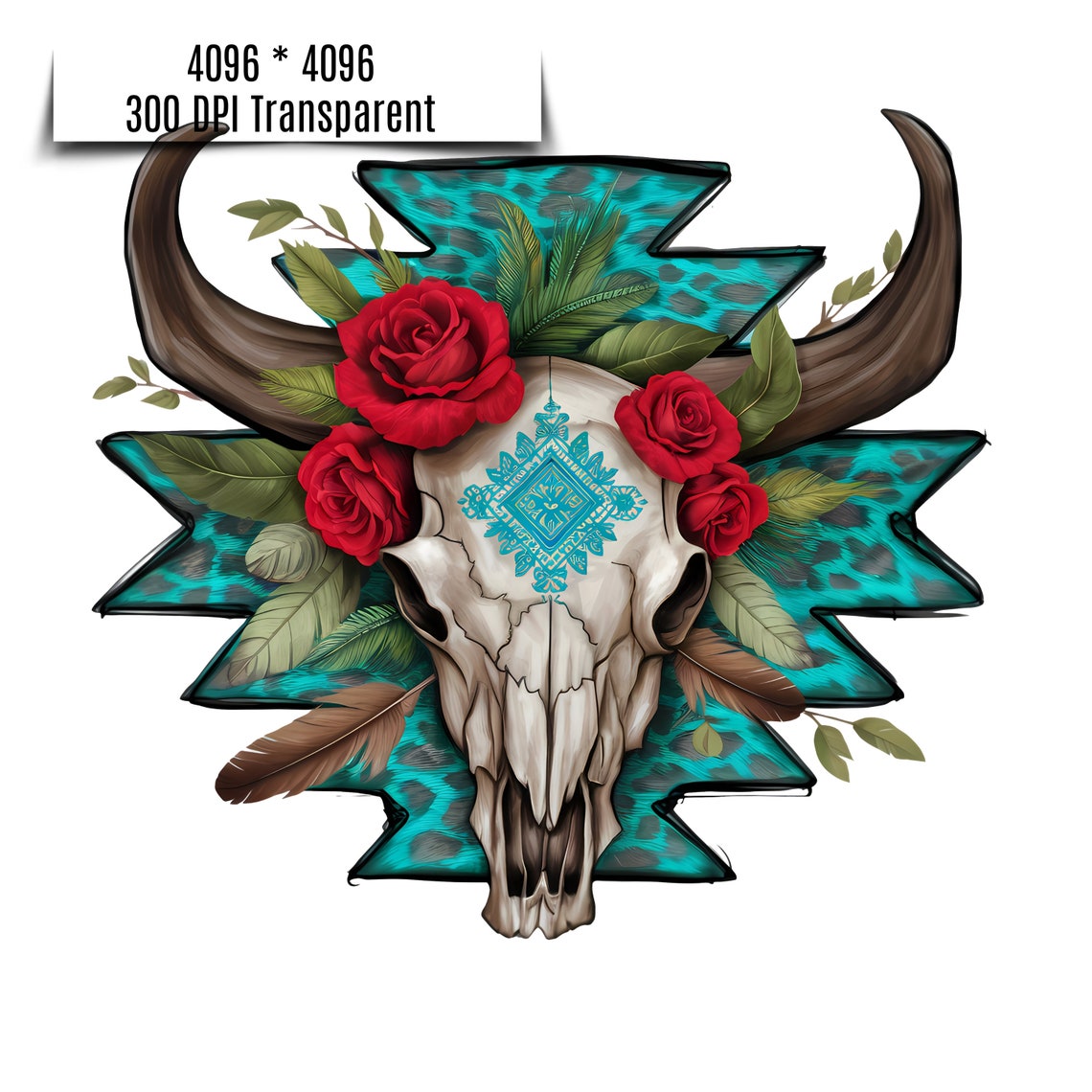 7 Roses With Aztec Bull Skull Png Sublimation Western Bull Skull Png ...