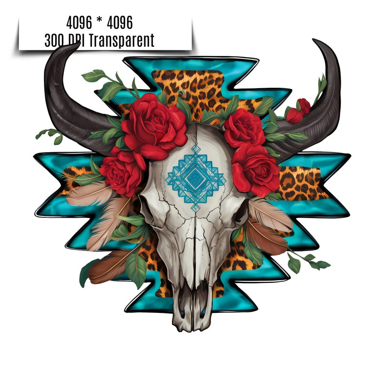 7 Roses With Aztec Bull Skull Png Sublimation Western Bull Skull Png ...
