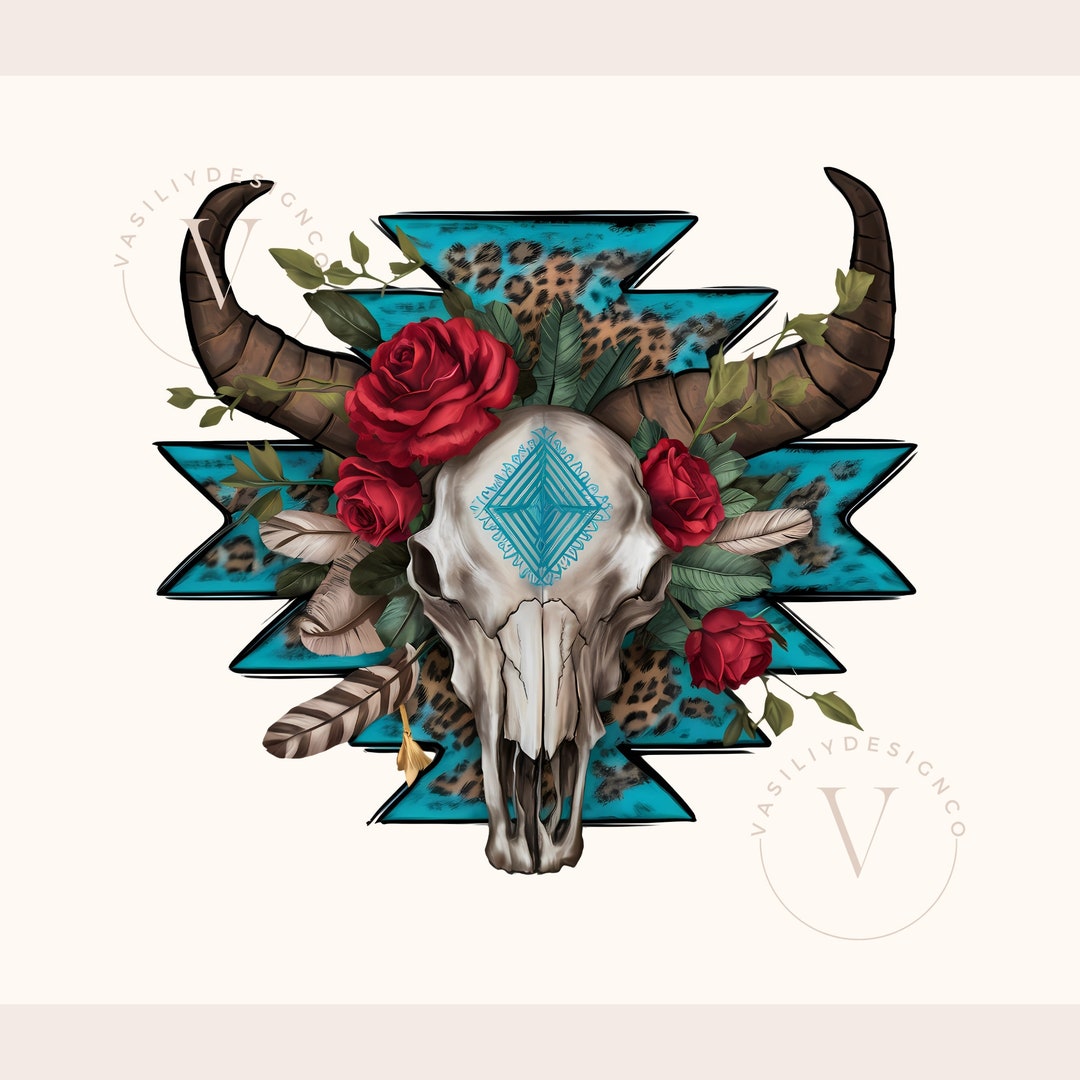 7 Roses With Aztec Bull Skull Png Sublimation | Western Bull Skull Png ...