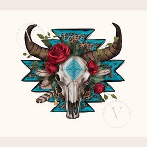 7 Roses With Aztec Bull Skull Png Sublimation | Western Bull Skull Png ...