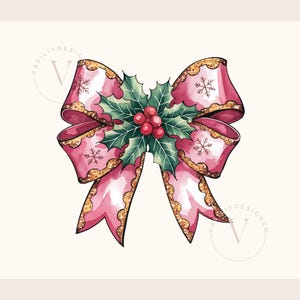 Vintage Pink Bow PNG Bundle, Coquette Christmas Design With Red Holly ...