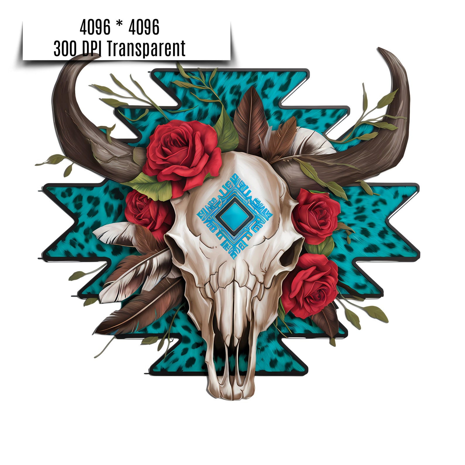 7 Roses With Aztec Bull Skull Png Sublimation Western Bull Skull Png ...