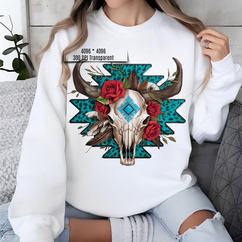 7 Roses With Aztec Bull Skull Png Sublimation Western Bull Skull Png ...
