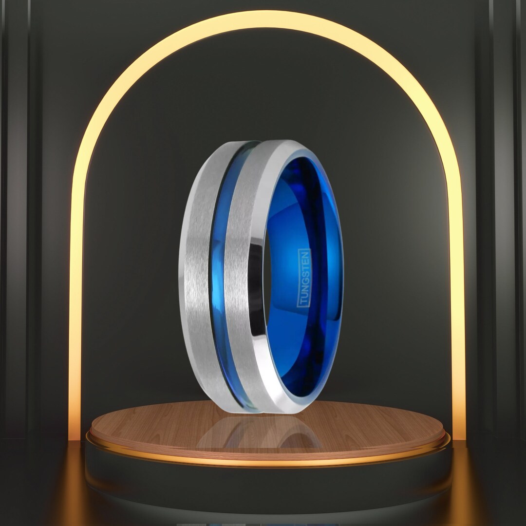 Customizable Thin Blue Line Wedding Band | Brushed Silver Tungsten Men ...