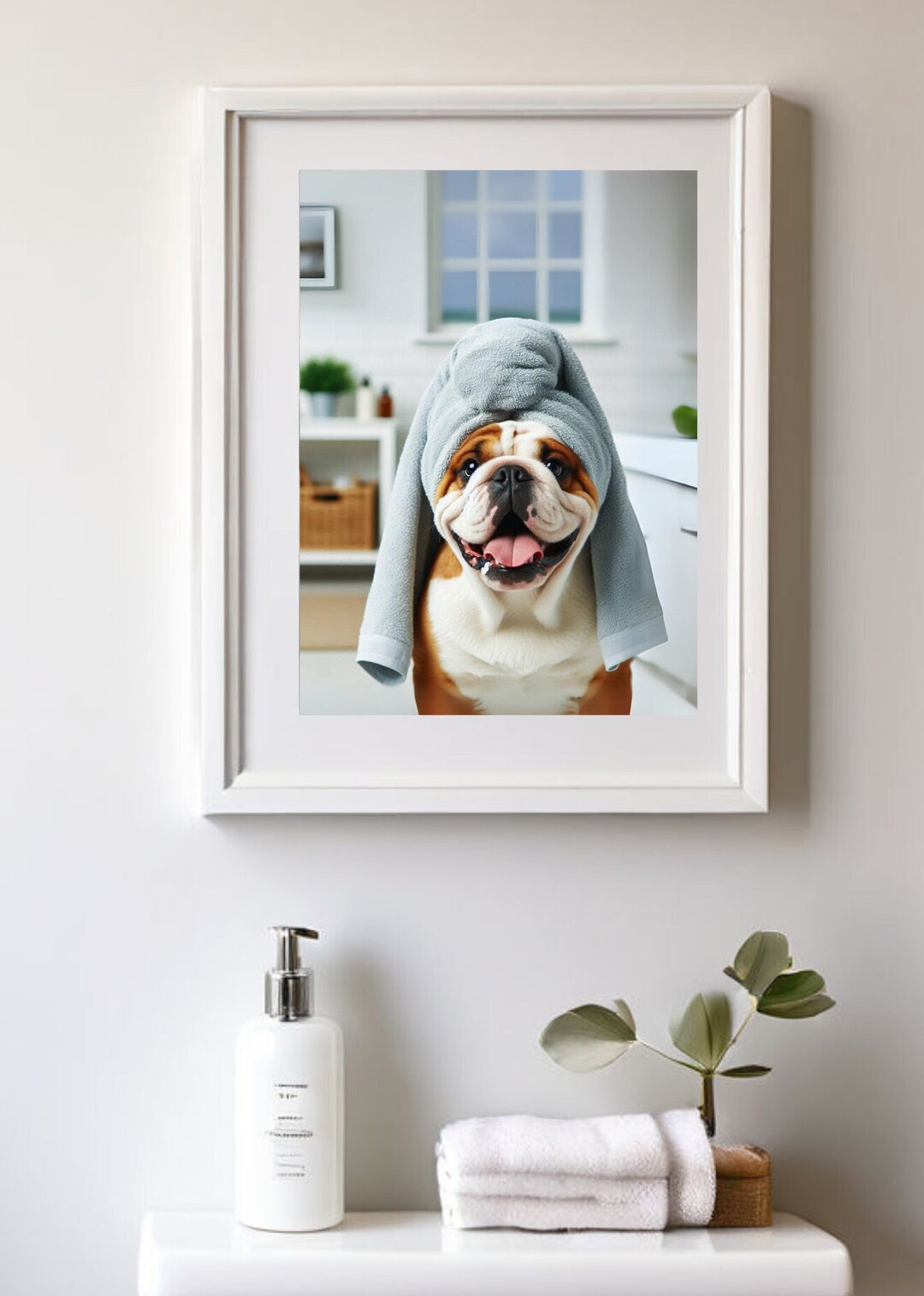 Bulldog Bathroom Print With Bulldog Towel on Head Bathroom Towel Poster ...