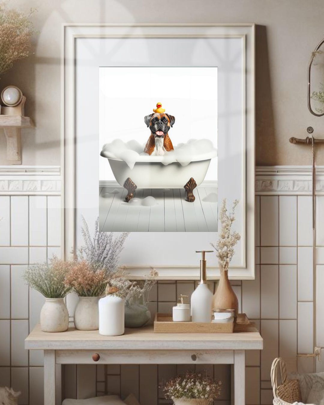 Boxer Bathroom Wall Art Boxer in Tub Rubber Ducky Bathroom Poster Print ...