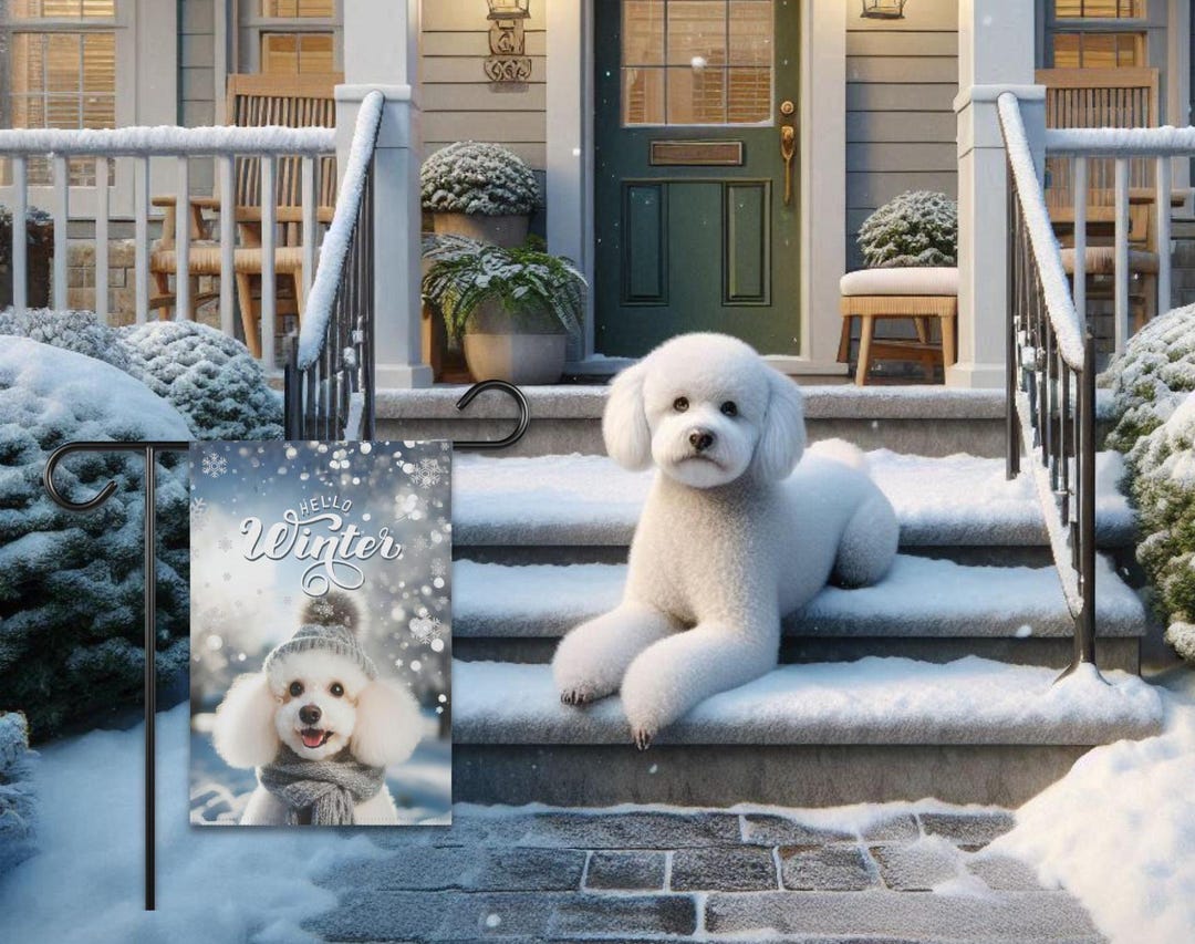 White Poodle Winter Garden Flag, Hello Winter Dog Flag, White Poodle ...