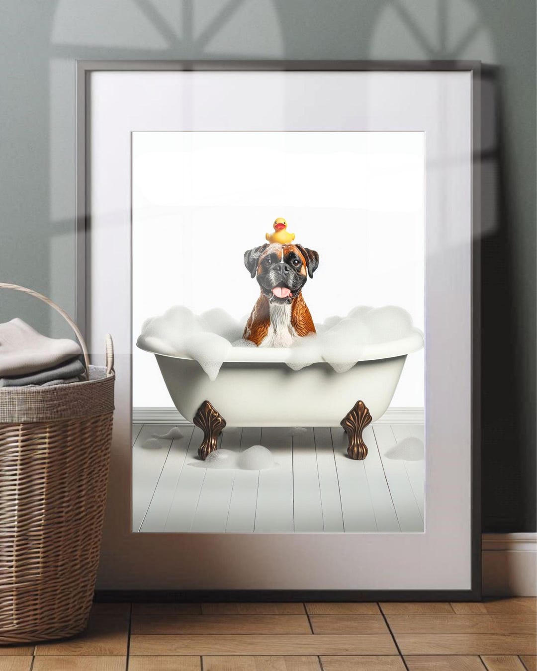 Boxer Bathroom Wall Art Boxer in Tub Rubber Ducky Bathroom Poster Print ...