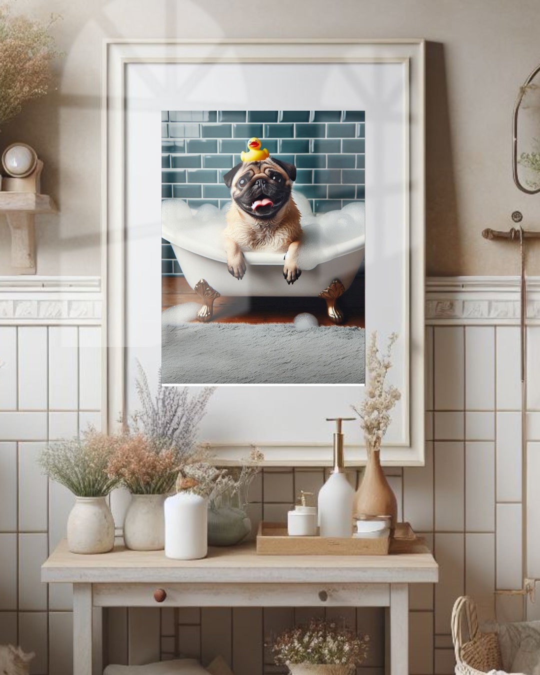 Pug Bathroom Wall Art Pug in Tub Rubber Ducky Bathroom Poster Print Pug ...