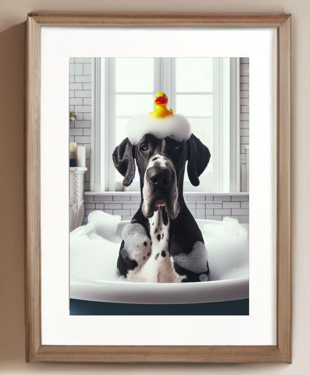 Great Dane in Tub Bubble Bath Bathroom Towel Poster Print Great Dane Bath Funny Dog Bath Shower ...