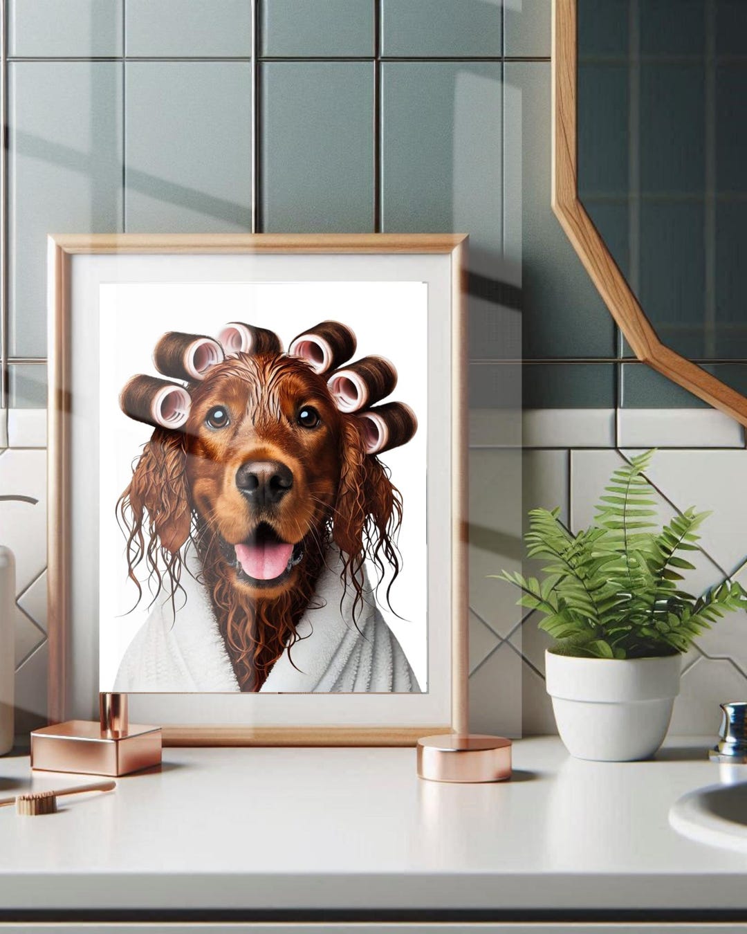 Irish Setter Bathroom Wall Art, Wet Dog With Curlers Print, Funny ...