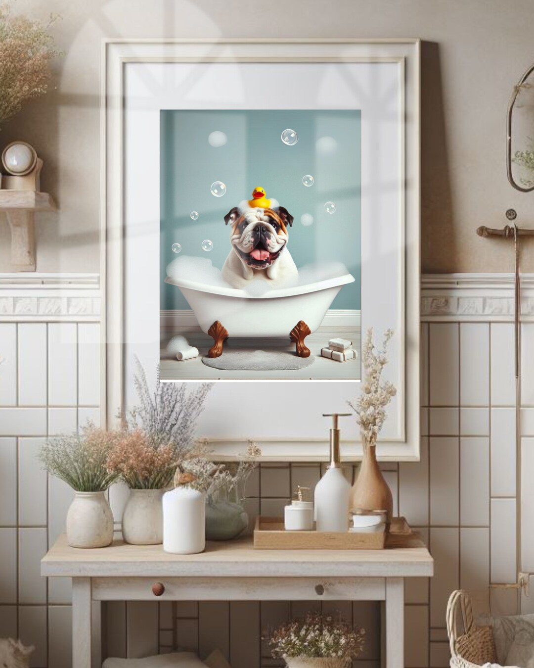 Bulldog Bathroom Wall Art Bulldog in the Tub With Rubber Duck Bathroom ...