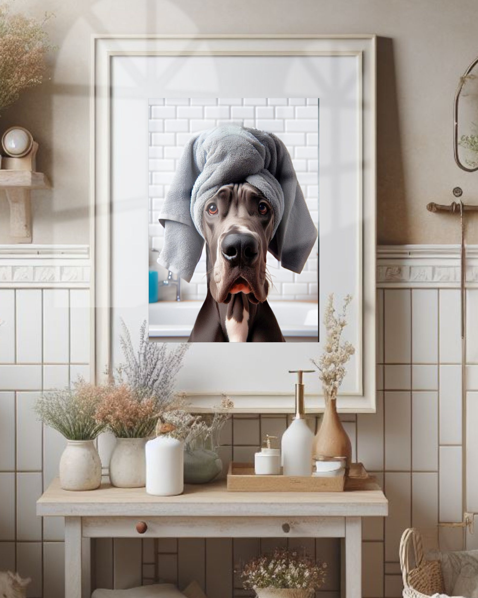 Great Dane With Towel on Head Bathroom Towel Poster Print Unframed ...