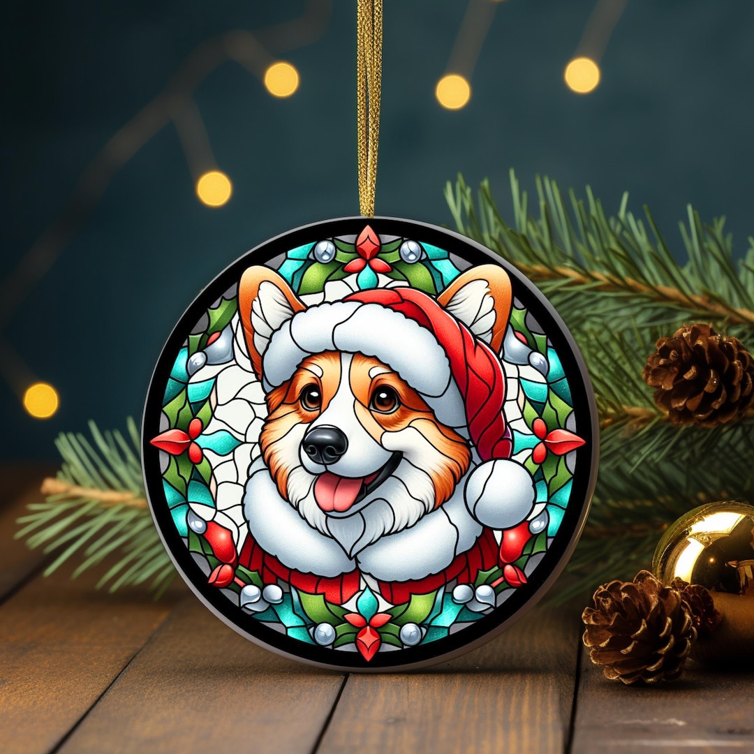 Corgi Ceramic Christmas Ornament, Stained Glass Inspired Design, Dog ...