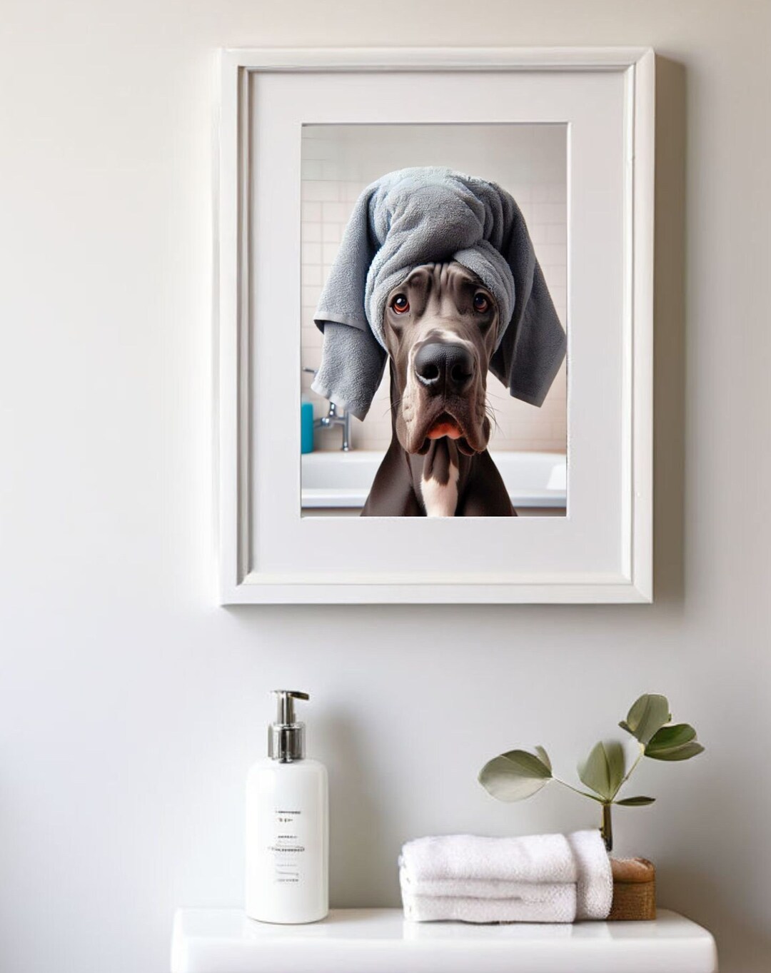 Great Dane With Towel on Head Bathroom Towel Poster Print Great Dane Funny Dog Bath Shower ...