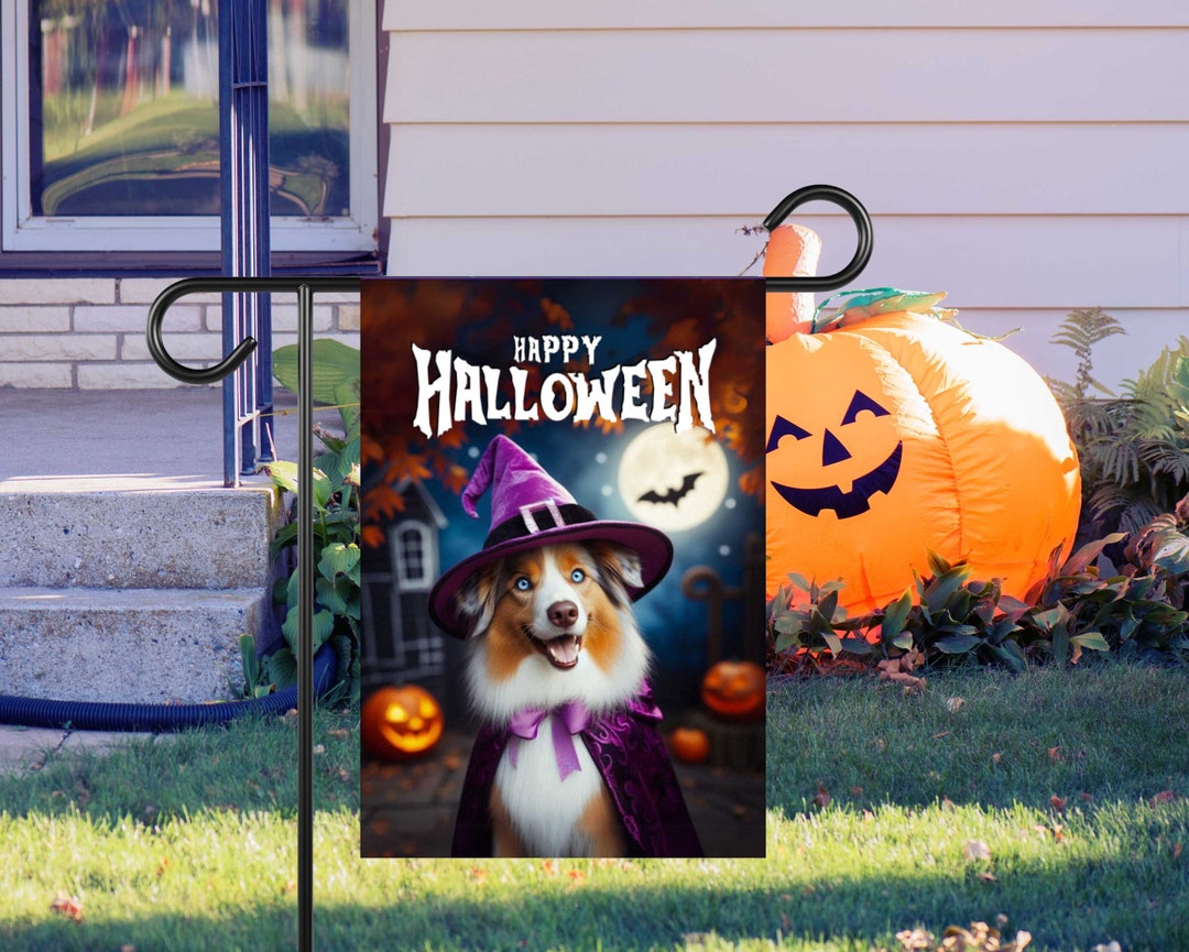 Aussie Halloween Garden Flag, Witch Hat Dog Banner, Halloween Yard ...
