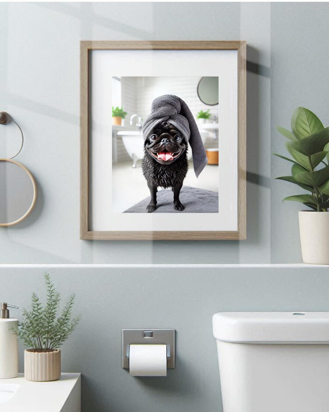 Black Pug With Towel Head Bathroom Towel Poster Print Pug Bath Funny ...