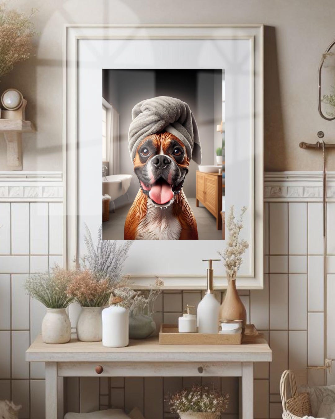 Boxer With Towel on Head Bathroom Towel Poster Print Boxer Bath Funny ...
