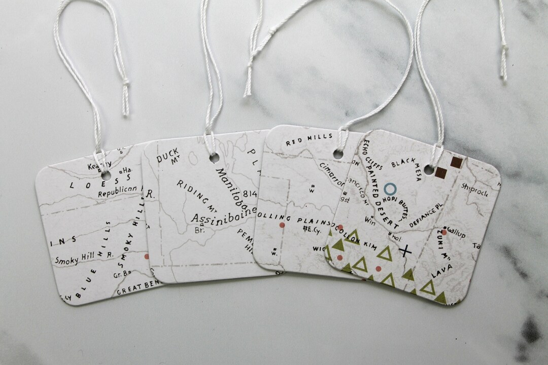 25 Map Gift Tags - White Road MAP Paper + Chipboard...pre-strung ...