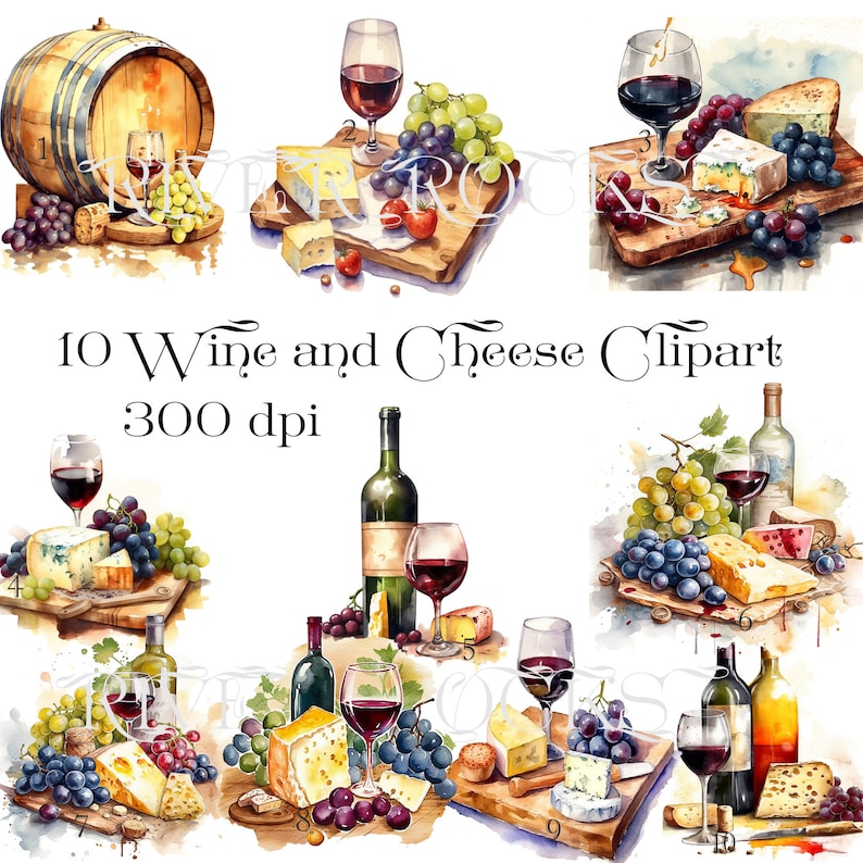 10 Wine and Cheese Watercolor Clipart - Etsy