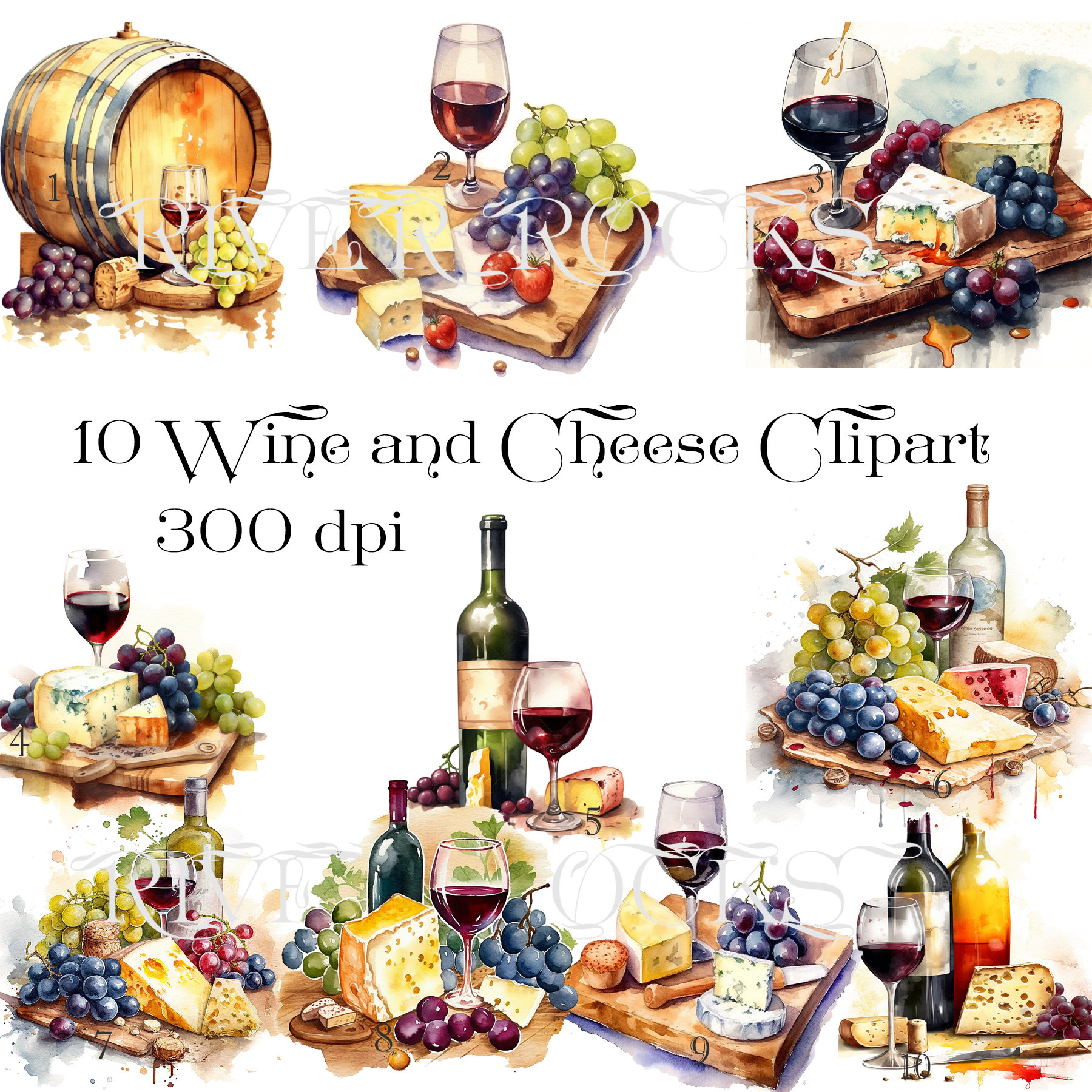 10 Wine and Cheese Watercolor Clipart - Etsy
