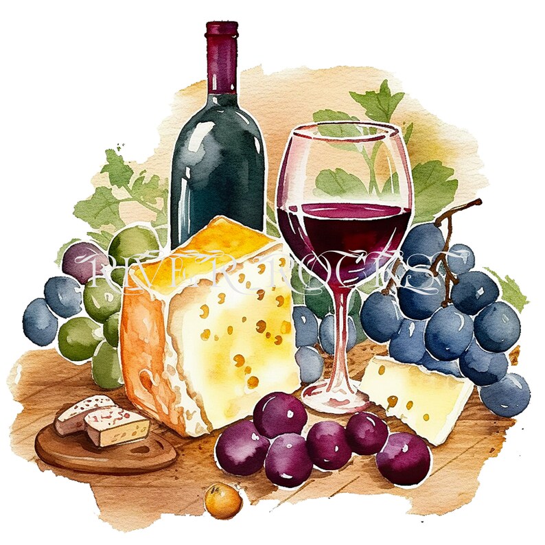 10 Wine and Cheese Watercolor Clipart - Etsy