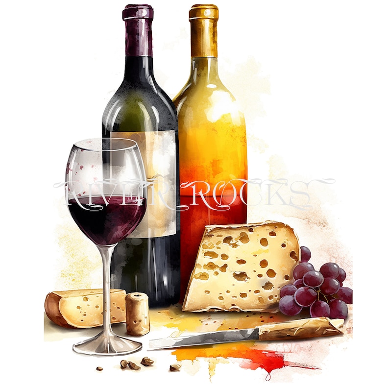 10 Wine and Cheese Watercolor Clipart - Etsy