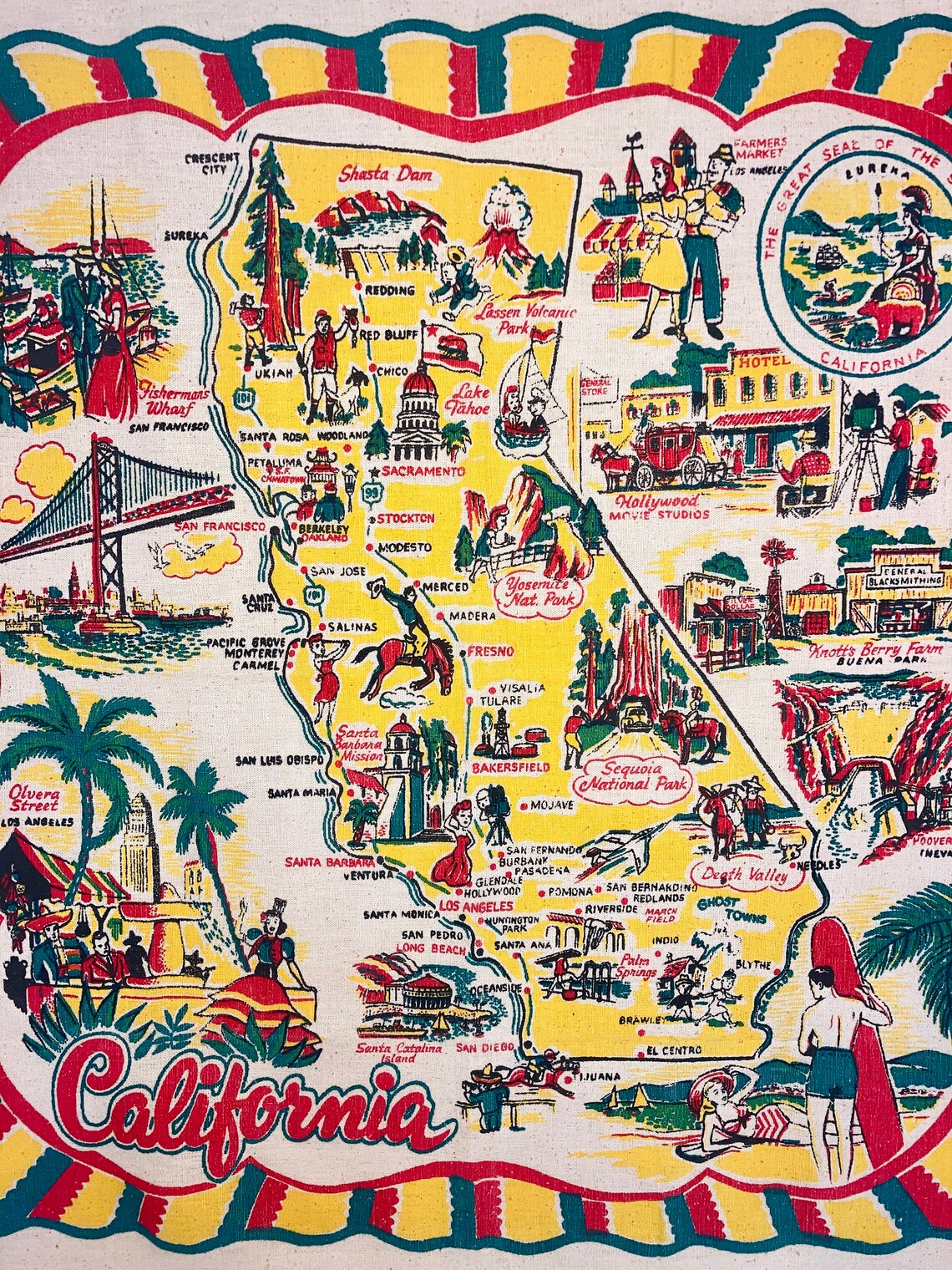Vintage California Map Kitchen Towel Printed in Primary Colors With ...