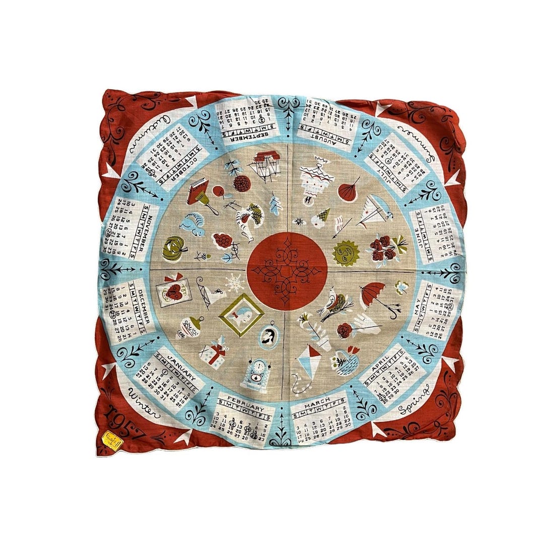 Vintage 1957 Calendar Handkerchief | Kim Bell Hankie - Etsy