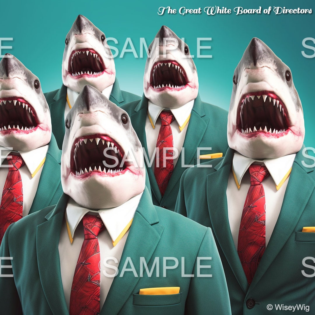 The Great White Board of Directors - Corporate Satire, Shark Art Print ...
